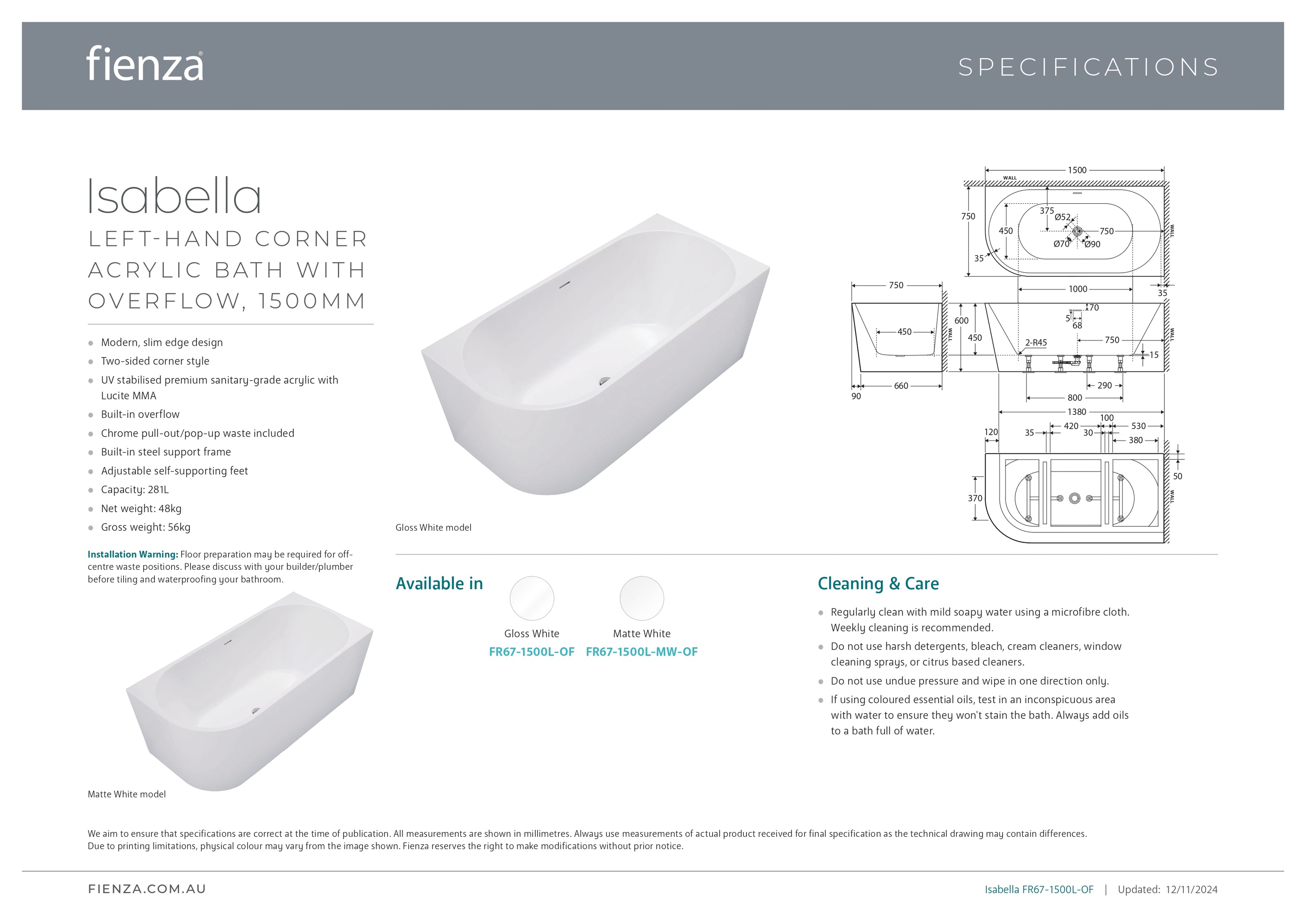 Fienza Isabella Left Corner Acrylic Bath with Integrated Overflow (Mul ...