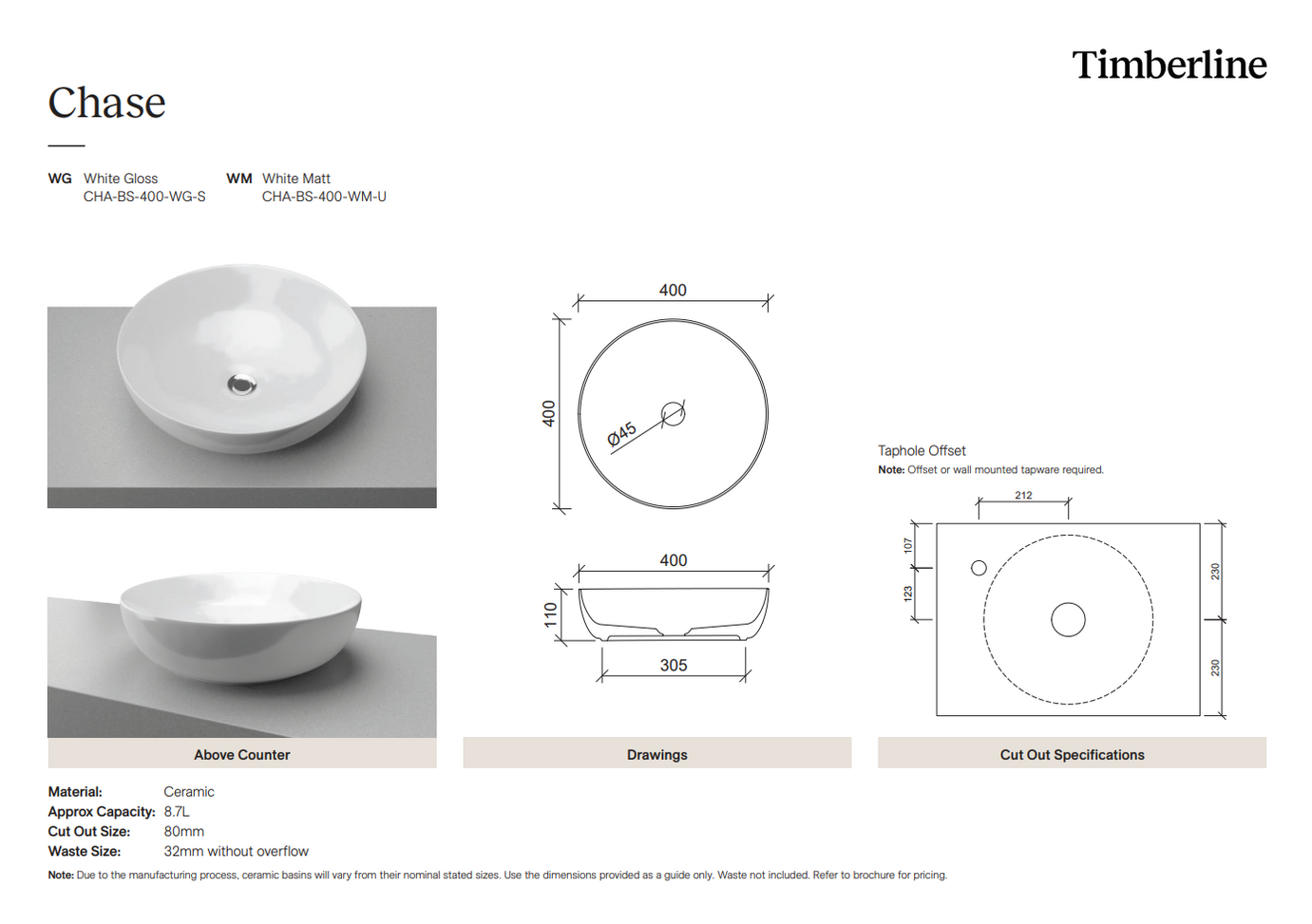 Timberline Chase Basin (Multiple Finish Options) — The Bathroom Biz